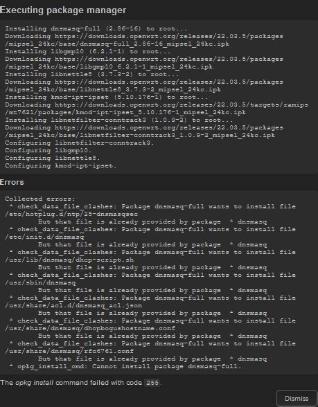 Solved Dnsmasq Full Install Error 255 Installing And Using Openwrt Openwrt Forum