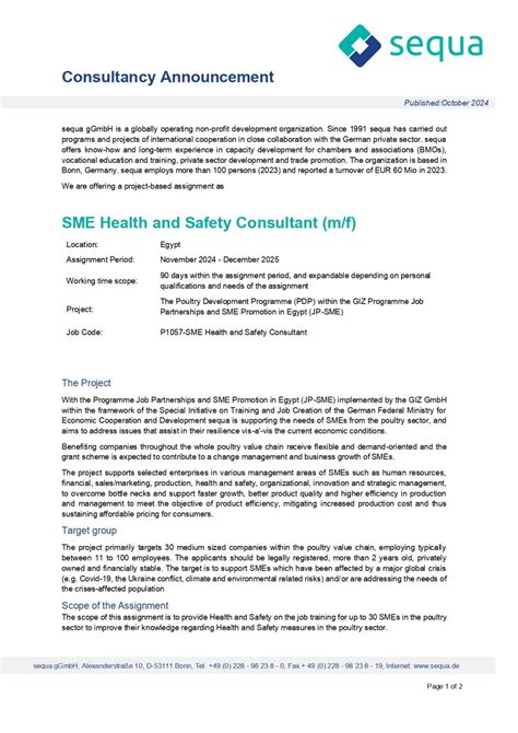 Sequa Is Looking For Sme Health And Safety Consultant Mf In Egypt
