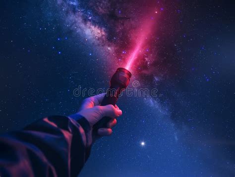 Hand Pointing Flashlight Toward Starry Sky Stock Image Image Of Guiding Universe 316820409