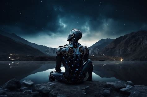 High Tech Robot Against The Background Of The Starry Sky Stock Illustration Illustration Of