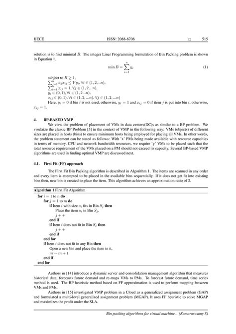 Bin Packing Algorithms For Virtual Machine Placement In Cloud Computing A Review Pdf