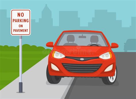 Outdoor Illegal Parking Types Red Car Parked On Pavement Front View