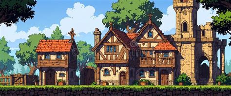 2d pixel art of medieval town medieval town game art 16 bits 32bits
