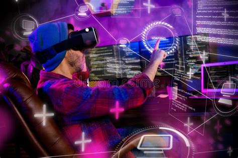 Modern Social Network Global World Hi Tech Young Man Using Holographic