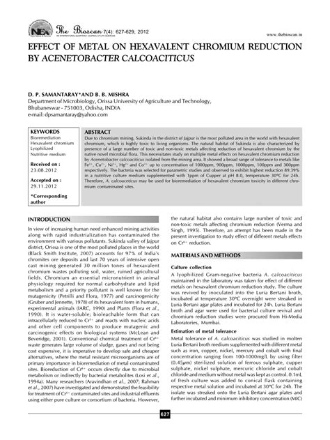 Pdf Effect Of Metal On Hexavalent Chromium Reduction By Acinetobacter Calcoaciticus