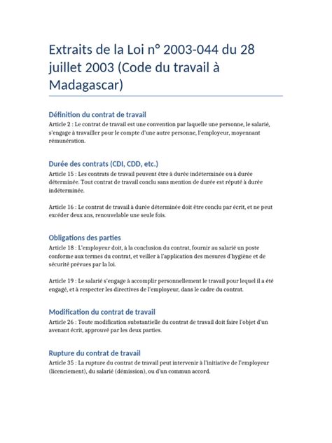 Extraits Code Du Travail Madagascar Complet Pdf