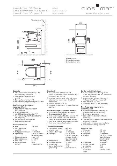 Lima Lifter 10 Typ A Lima ElÃ©vateur 10 Type A Lima Closomat