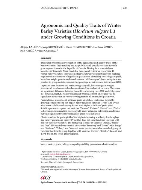 Pdf Agronomic And Quality Traits Of Winter Barley Varieties Hordeum Vulgare L Under Growing