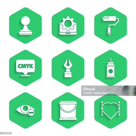 만년필 펜촉 페인트 통 베 지어 곡선이있는 하트 스프레이 캔 적목 현상 말풍선 텍스트 Cmyk 롤러 브러시 및 스탬프 아이콘을