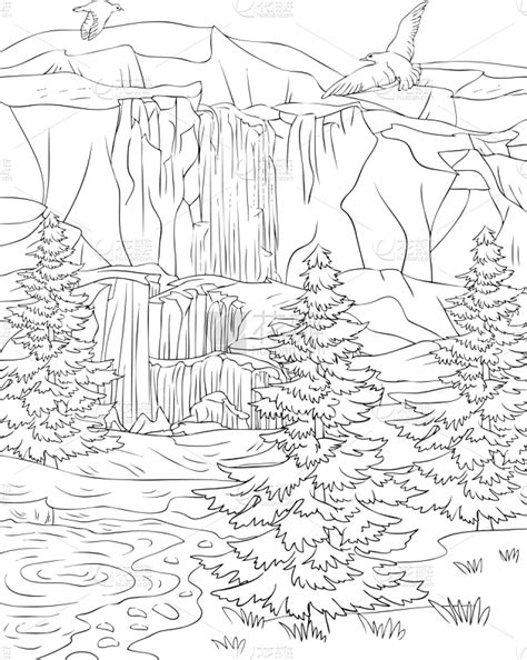 自然成年的水平画幅可爱的杉树乱画轮廓白色着色冥想素材 花瓣网