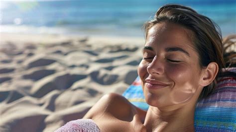 Woman Sunbathing On A Beach Towel Her Eyes Closed And A Content Smile