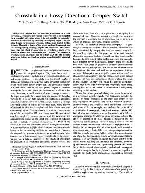 Pdf Crosstalk In A Lossy Directional Coupler Switch