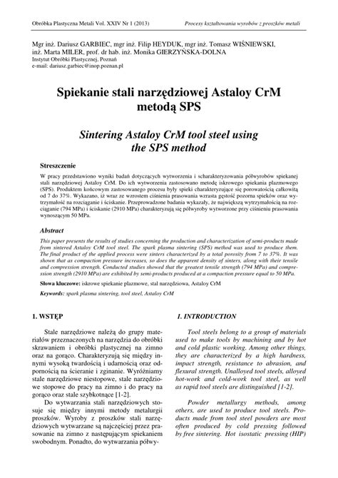 Pdf Spiekanie Stali Narzędziowej Astaloy Crm Metodą Sps