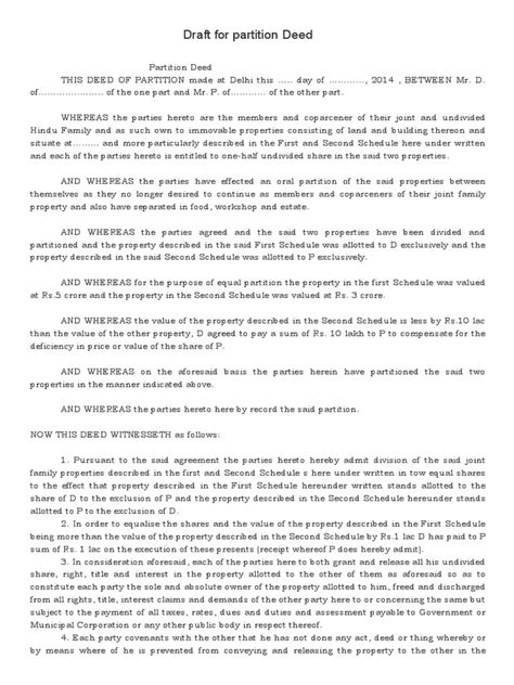 Draft For Partition Deed Common Legal Format For Everyday Use Download Free Pdf Covenant