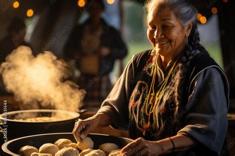 Native American Woman Cooking Traditional Cornbread For Heritage Month