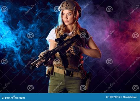 Woman In Army Pros And Cons Beautiful Woman In Military Ammunition And Weapon Stock Image
