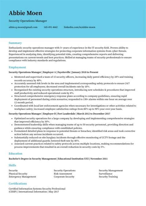 Security Operations Manager Resume Cv Example And Writing Guide