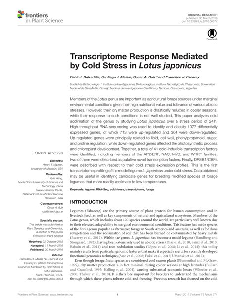 Pdf Transcriptome Response Mediated By Cold Stress In Lotus Japonicus