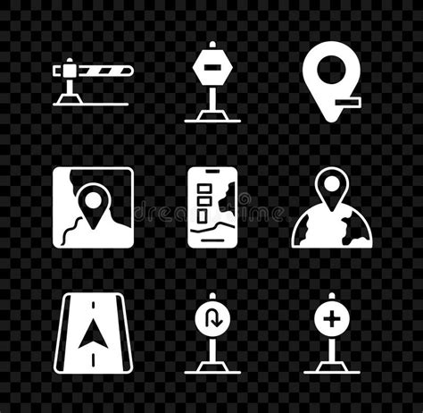 Set Parking Car Barrier Stop Sign Location City Map Navigation Turn Back Road With Cross