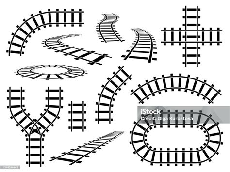 Railroad Elements Curved Straight And Wavy Rail Tracks Railway Rails In