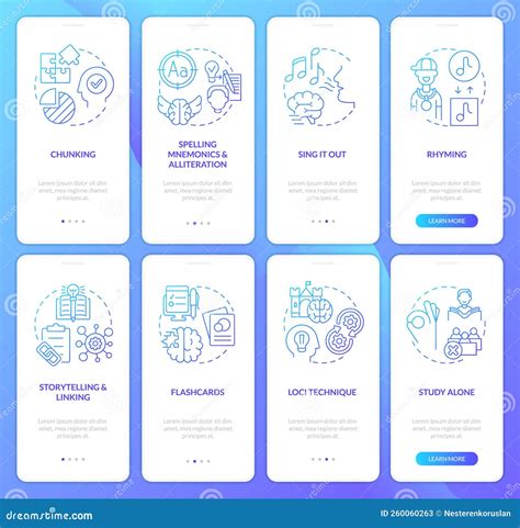 Verbal Memorizing Methods Blue Gradient Onboarding Mobile App Screen Set Stock Vector