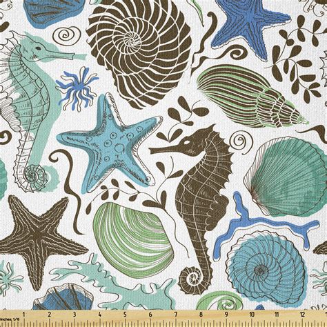 Bless International Sea Shells Fabric By The Yard Maritime Art With