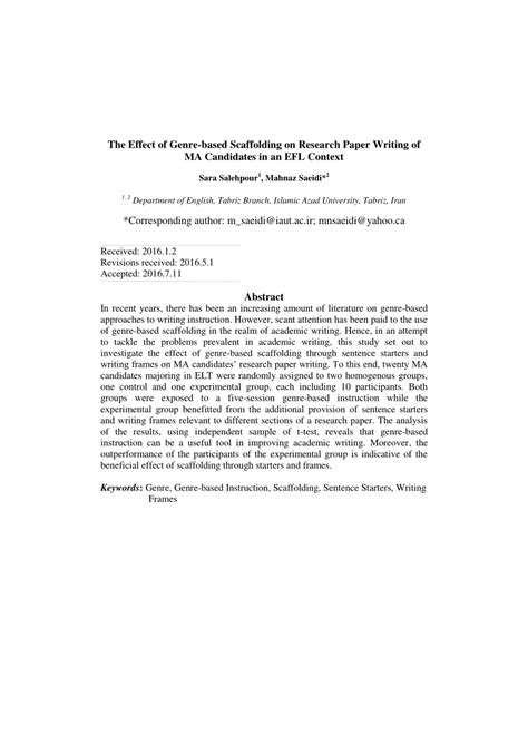Pdf The Effect Of Genre Based Scaffolding On Research Paper Writing Of Ma Candidates In An Efl