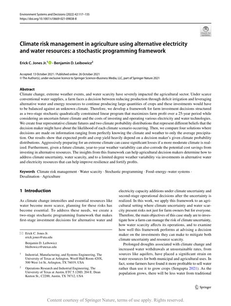 Climate Risk Management In Agriculture Using Alternative Electricity And Water Resources A