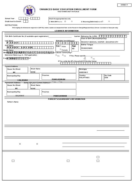 Enhanced Basic Education Enrollment Form 1 Page Wendy Pdf