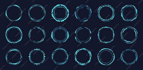 Hud 라운드 프레임 추상 공간 테크노 제어 홀로그램 Ui 요소 디지털 시스템 공상 과학 컴퓨터 인터페이스 군사 게임 화려한 벡터 일러스트 레이 션의 미래 원형 포털