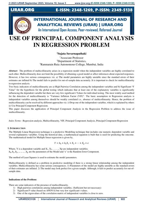 Pdf Use Of Principal Component Analysis In Regression Problem