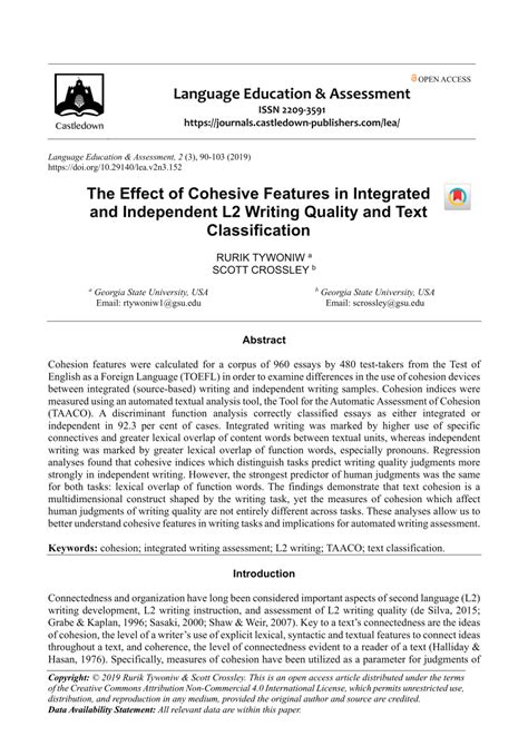 Pdf The Effect Of Cohesive Features In Integrated And Independent L2 Writing Quality And Text