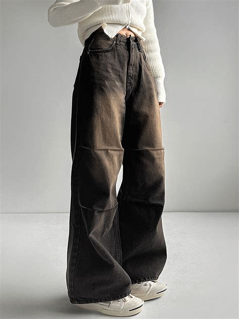 이너니티 unique 브라운 샌드 워싱 무릎핀턱 주름 곱창 와이드 데님팬츠