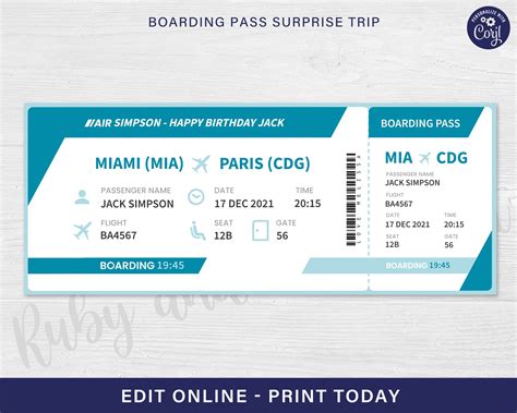 Boarding Pass Template Fake Flight Ticket Birthday Flight Ticket Surprise Holiday Boarding