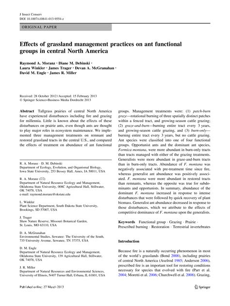 Solution Moranz 2013 Effects Of Grassland Management Practices On Ant Functional Groups In