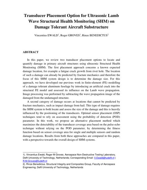 Pdf Transducer Placement Option For Ultrasonic Lamb Wave Structural Health Monitoring Shm On