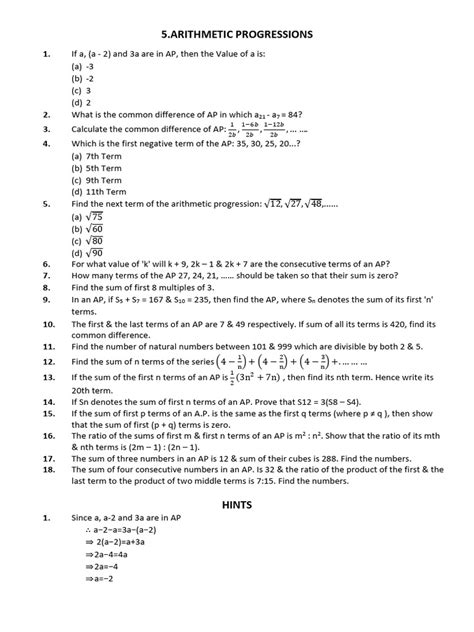 Arithmetic Progression Imp Questions Cbse Pdf Algebra Mathematical Analysis
