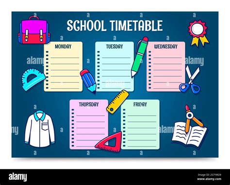 Cute School Timetable With Colorful Hand Drawn Doodle School Stationery Decoration Stock Vector