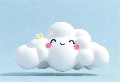 Cute White Cloud With A Flower And Pink Cheeks On Blue Background