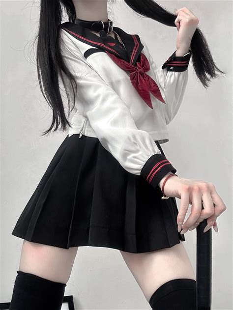 Sailor Collar White Jk Uniform Long Sleeves Top With Red Tie