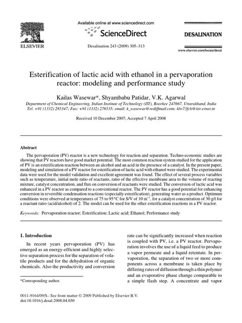 Esterification Of Lactic Acid With Ethanol In A Pervaporation