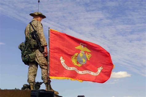 With The Us Marine Corps Usmc Flag Displayed A Usmc Marine With