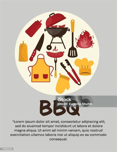 밝은 배경에 분리된 바베큐 그릴 요소 바베큐 파티 포스터 집에서 고기 식당 도구 소스 음식이 담긴 숯불 주전자 메뉴를위한 주방 장비 야외에서 요리하기 여름에 대한 스톡 벡터