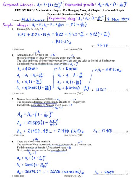 Igcse Maths Exponential Growth And Decay Notes And Model Answers Pdf