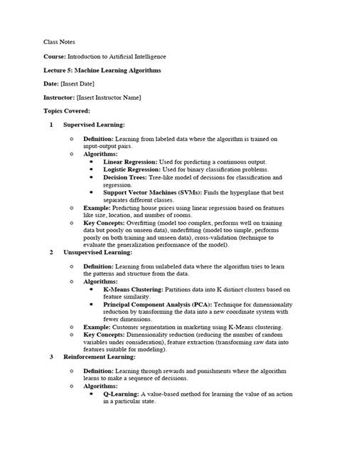Classnote One Pdf Support Vector Machine Cluster Analysis