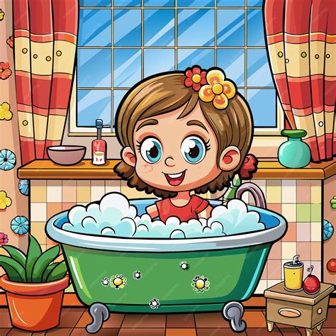 A Cartoon Of A Girl In A Bathtub With A Girl In A Bathtub Premium Ai