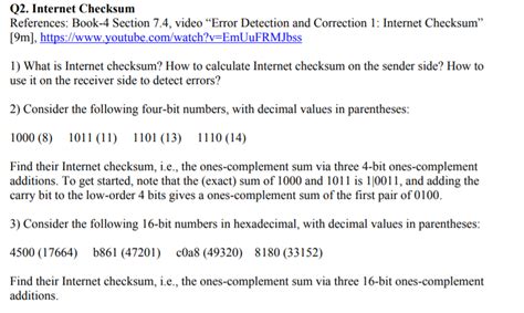 Q2 Internet Checksum References Book 4 Section 74