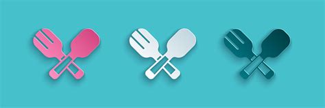 종이 컷 은 파란색 배경에 고립 된 포크와 숟가락 아이콘을 교차 조리 기구 칼 붙이 기호 종이 아트 스타일 벡터 3차원 형태에 대한 스톡 벡터 아트 및 기타 이미지 Istock