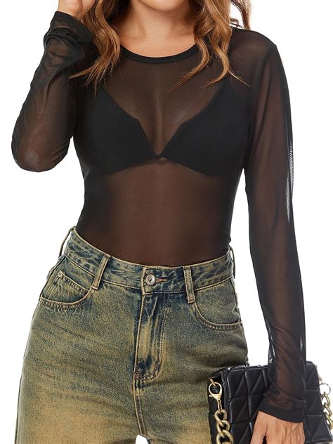 Uvn Mesh Tops For Women Sheer Lace Long Sleeve Y2k See Through Blouse