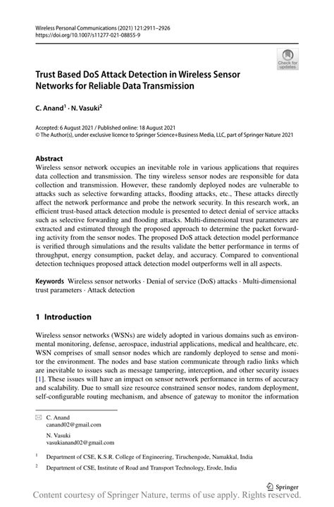 Trust Based Dos Attack Detection In Wireless Sensor Networks For Reliable Data Transmission